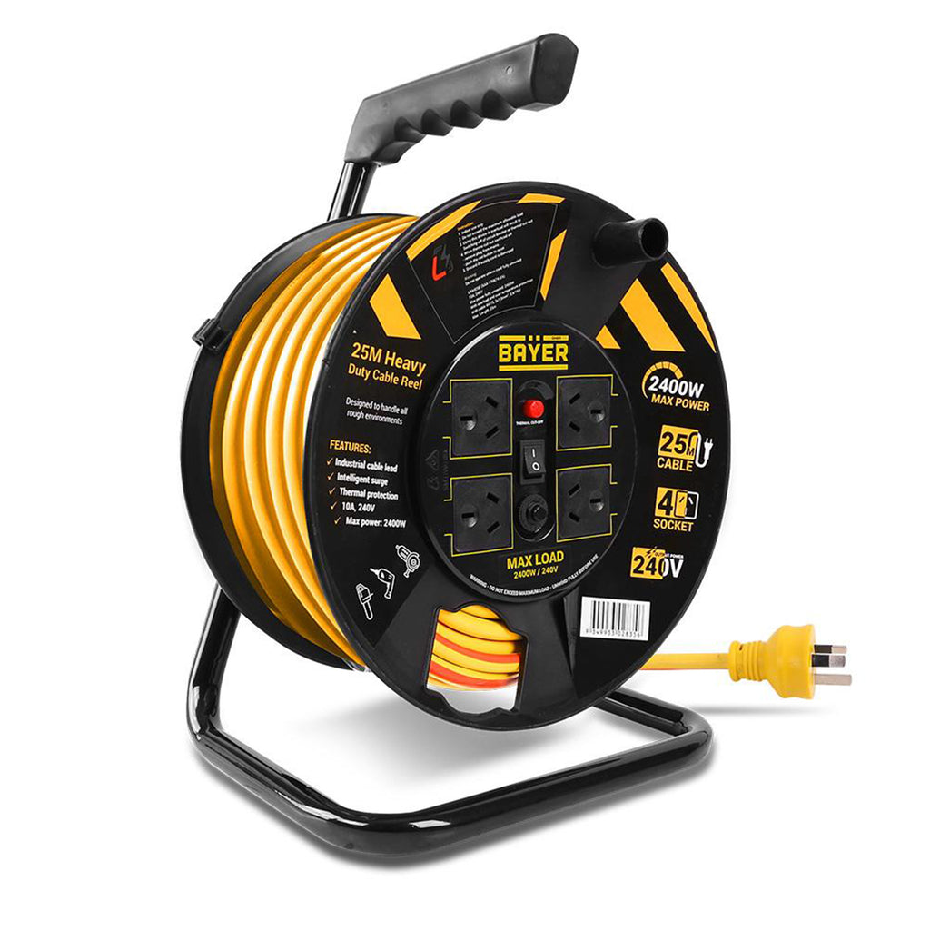 Bayer 4 Socket Power Extension Cable Reel Cord 25m Heavy Duty Lead 10A ...