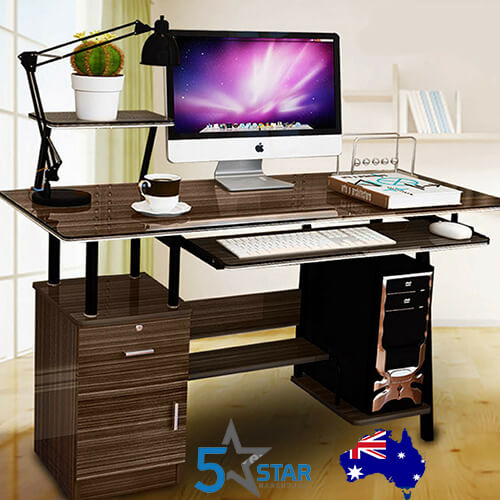 High Gloss Deluxe Computer Desk with Drawers and Shelves Workstation W ...